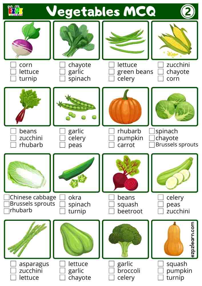 Vegetables Multiple Choice Questions (MCQ) Worksheet – Free PDF ...