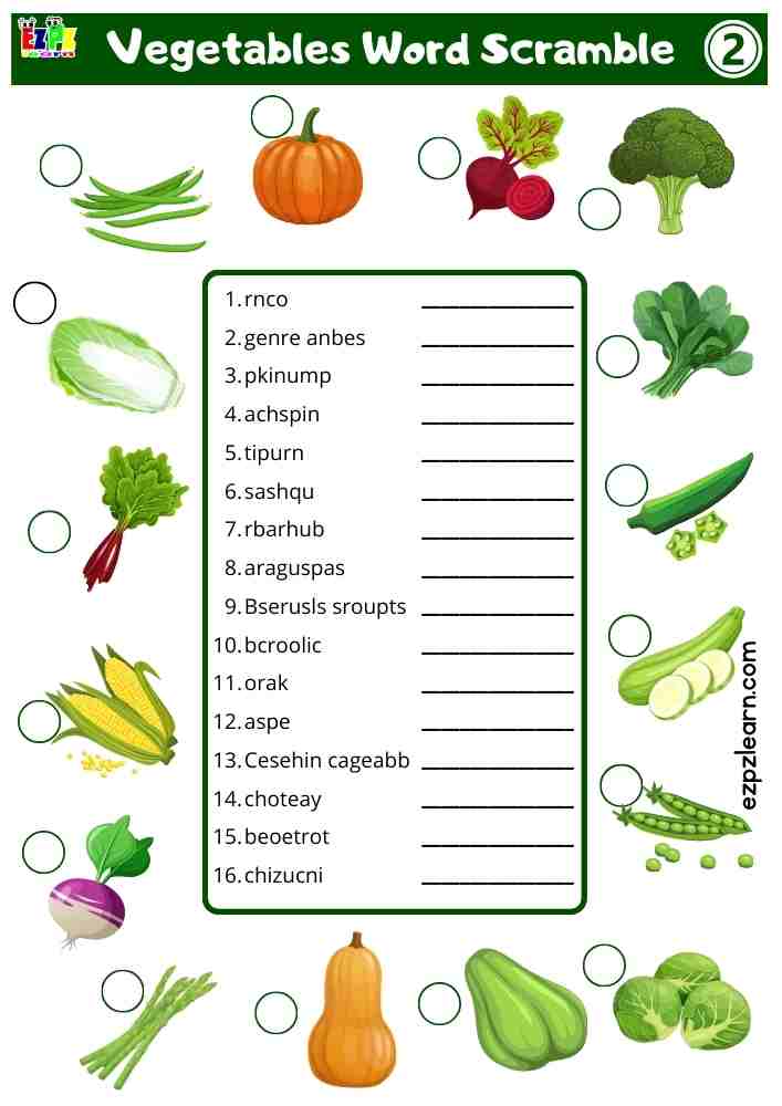 Vegetables Word Scramble Worksheet – Free PDF Download Set 2 ...