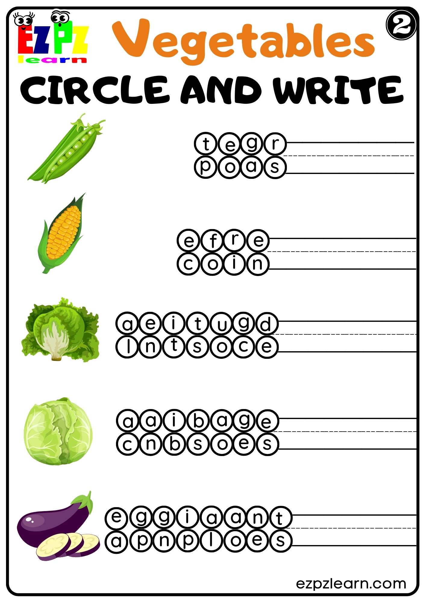 Vegetables Circle and Write Worksheet for Kindergarten K5 and ESL ...