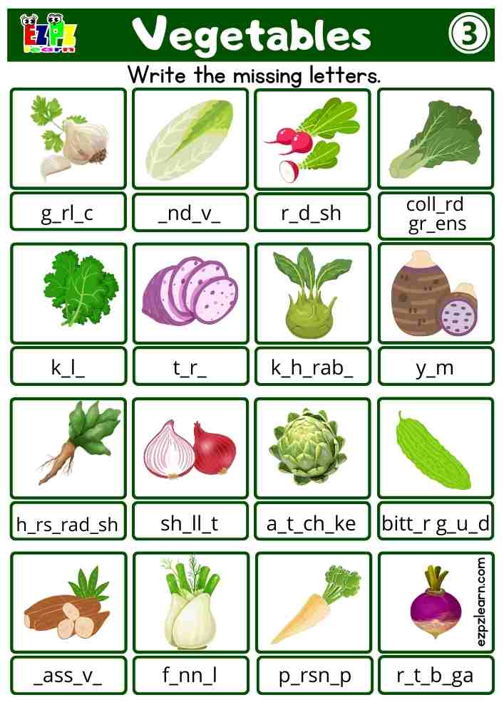 Vegetables Fill-in-the-Blanks Worksheet – Look at the Images and ...