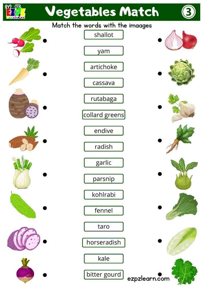Vegetables Matching Worksheet – Look at the Images and Draw Lines to ...