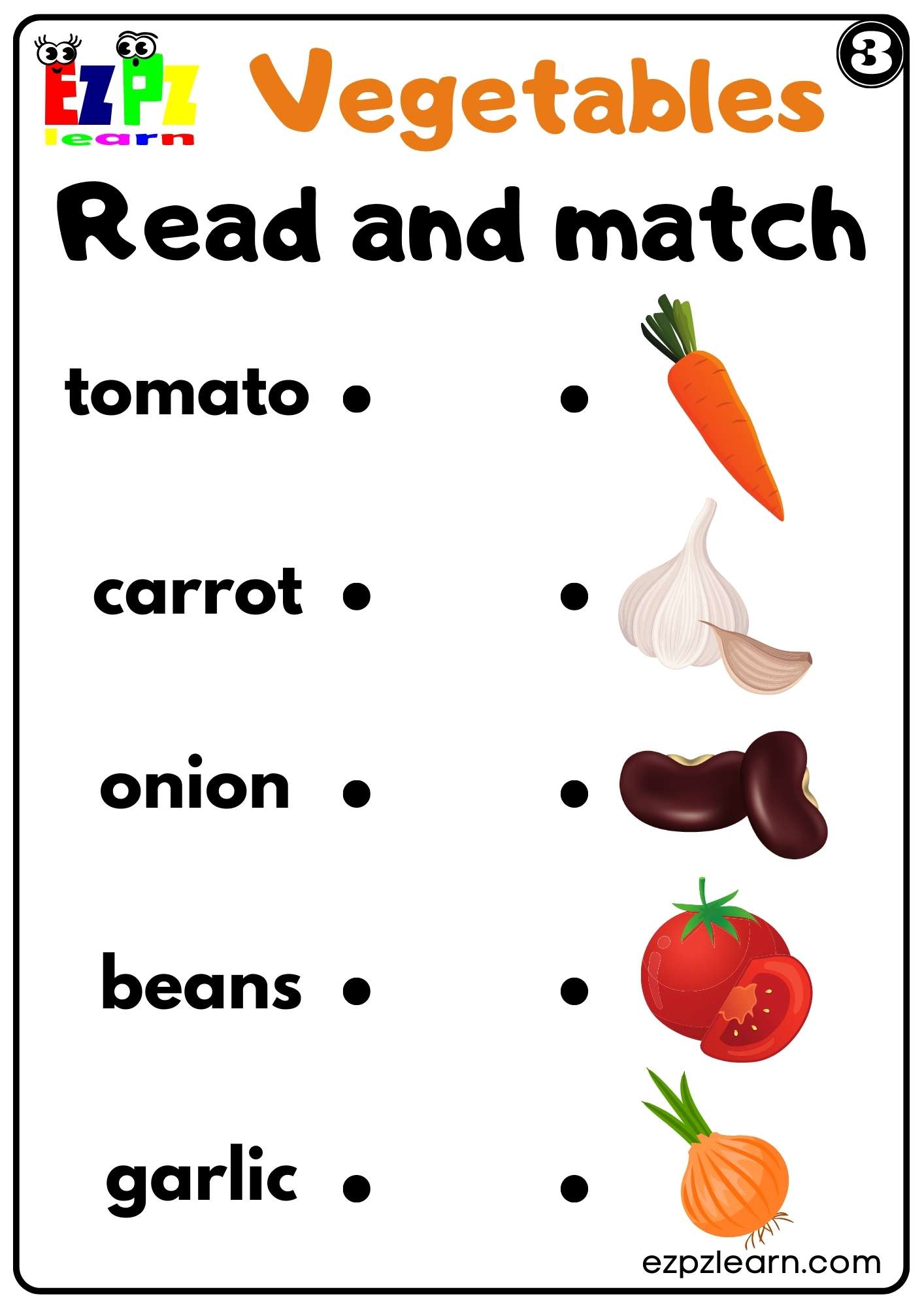 Vegetables Read and Match Worksheet for K5 Kindergarten and ESL ...