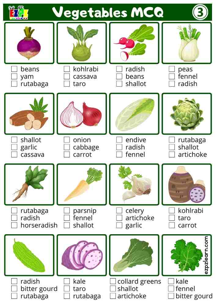 Vegetables Multiple Choice Questions (MCQ) Worksheet – Free PDF ...