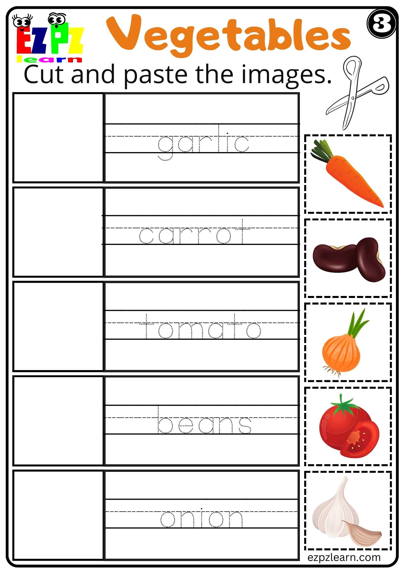 Vegetables Cut and Paste Worksheet for K5 Kindergarten and ESL Students ...