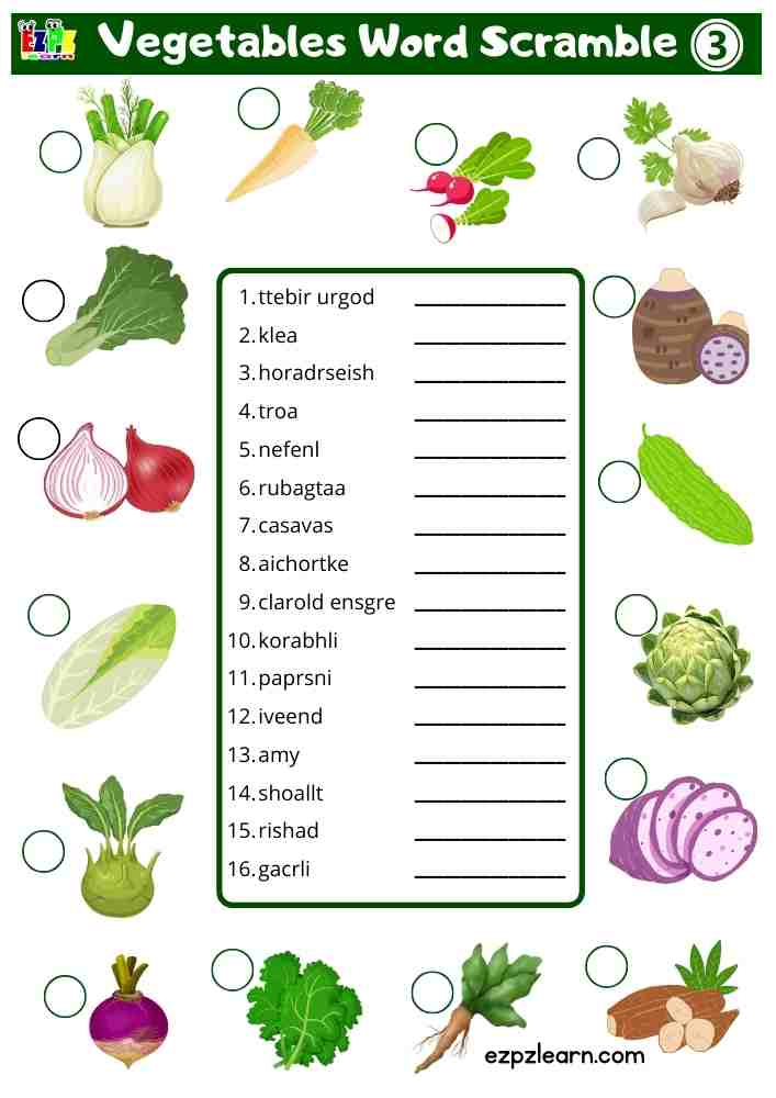 Vegetables Word Scramble Worksheet – Free PDF Download Set 3 ...