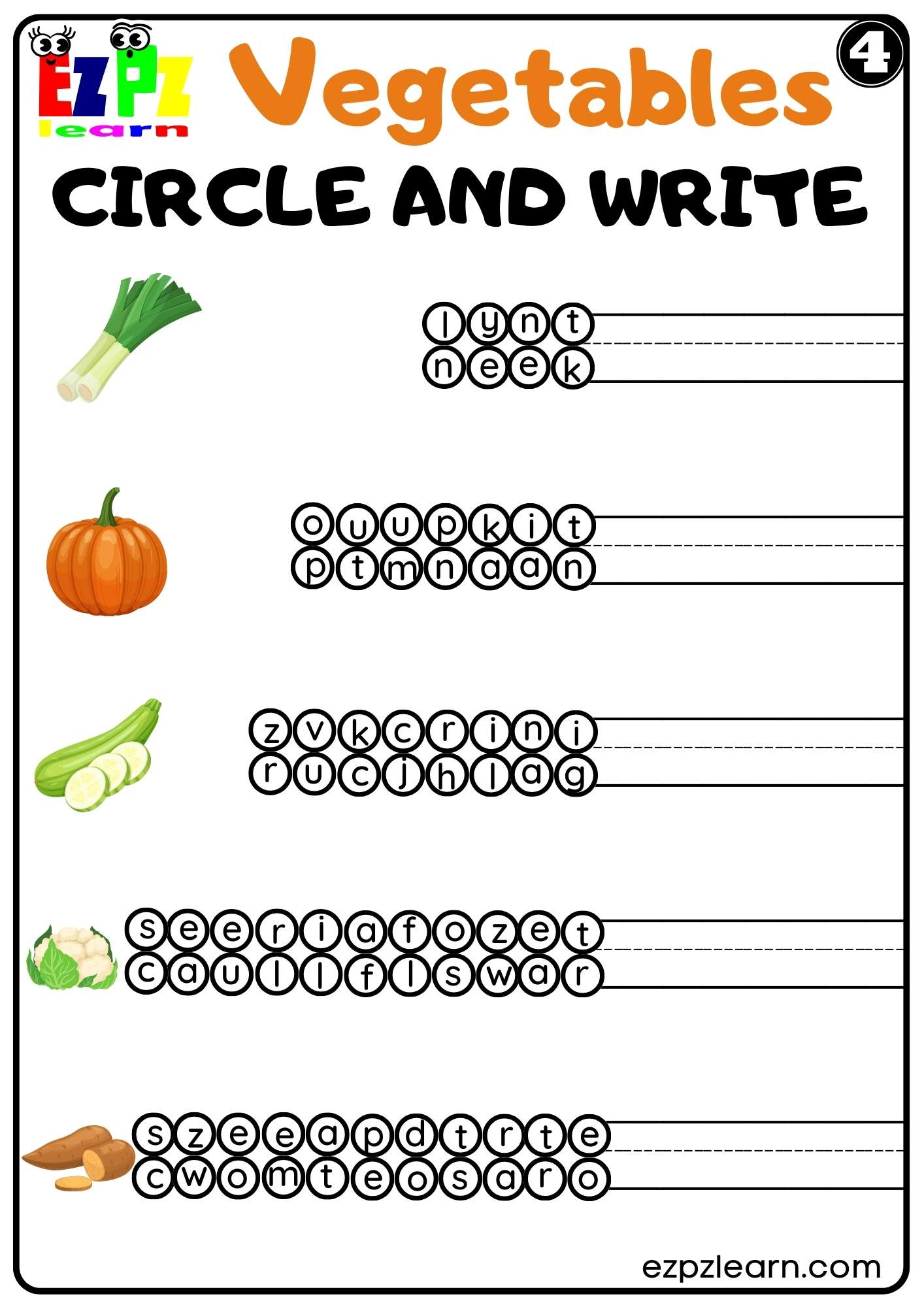 Vegetables Circle and Write Worksheet for Kindergarten K5 and ESL ...