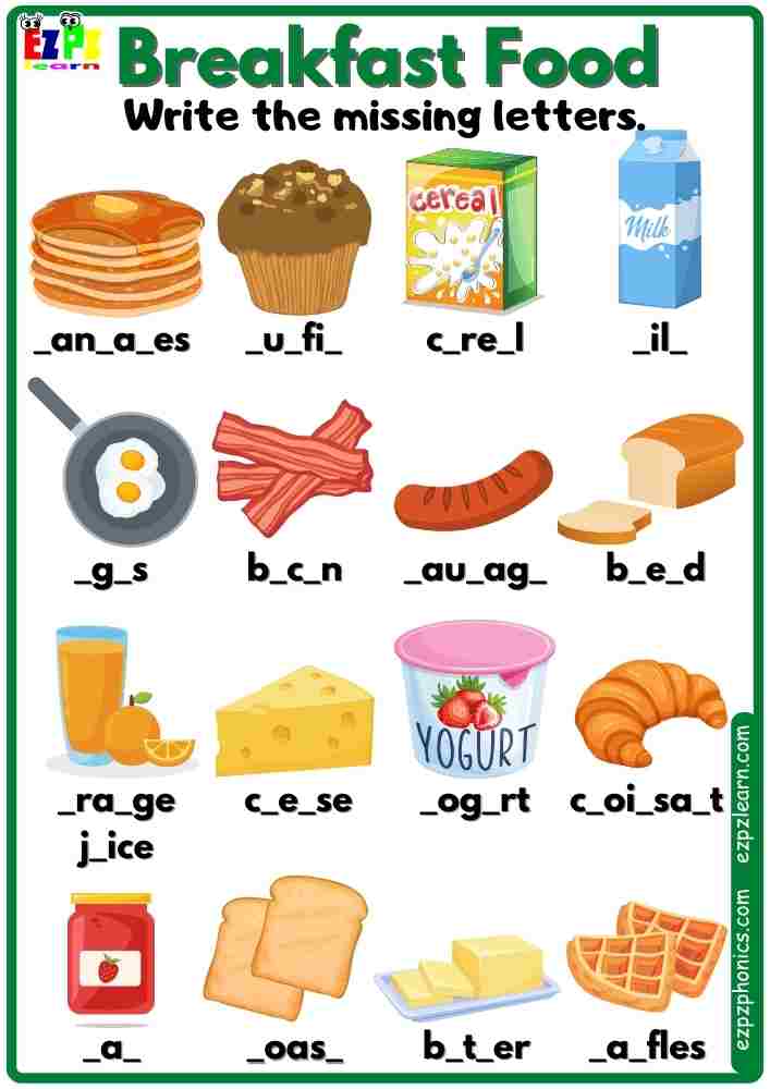 Breakfast Food Vocabulary Write the Missing Letters Worksheet ...