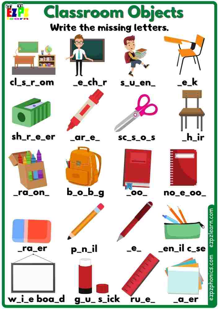 Classroom Objects Vocabulary Write the Missing Letters Worksheet ...