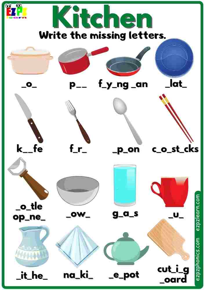Kitchen Utensils Vocabulary Write the Missing Letters Worksheet ...