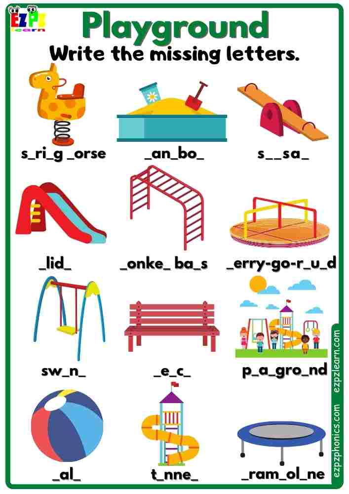 Playground Vocabulary Write the Missing Letters Worksheet - Ezpzlearn.com