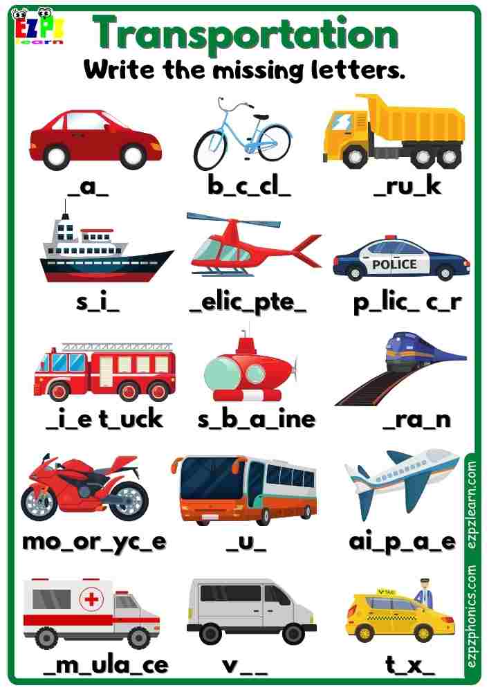 Transportation Vocabulary Write the Missing Letters Worksheet ...