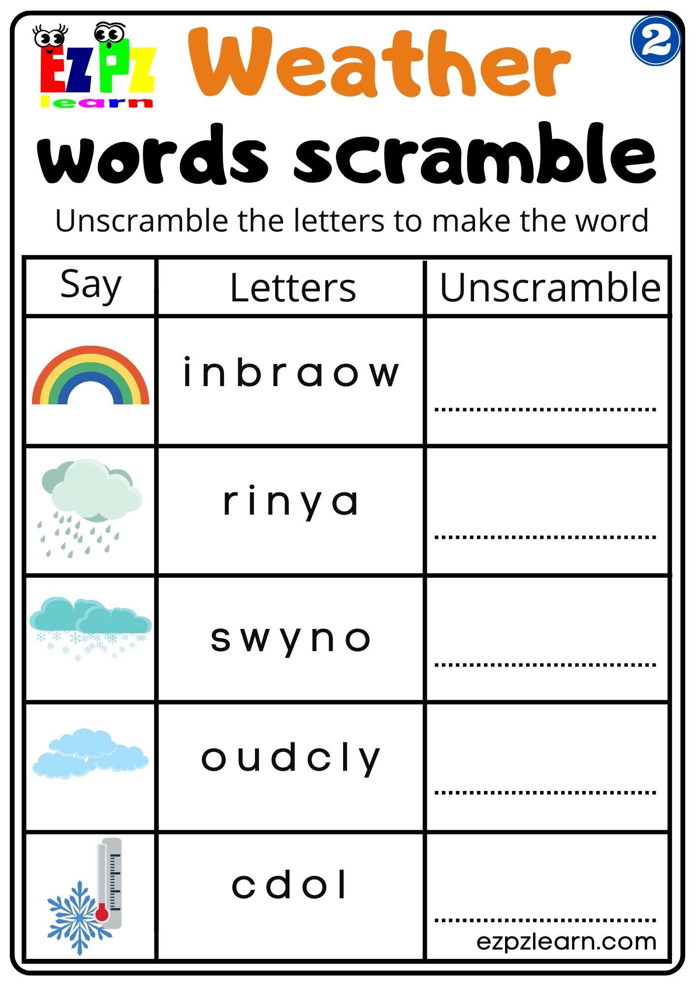 Group 2 Weather Vocab Words Scramble Easy Worksheet for Kids K5 PDF ...