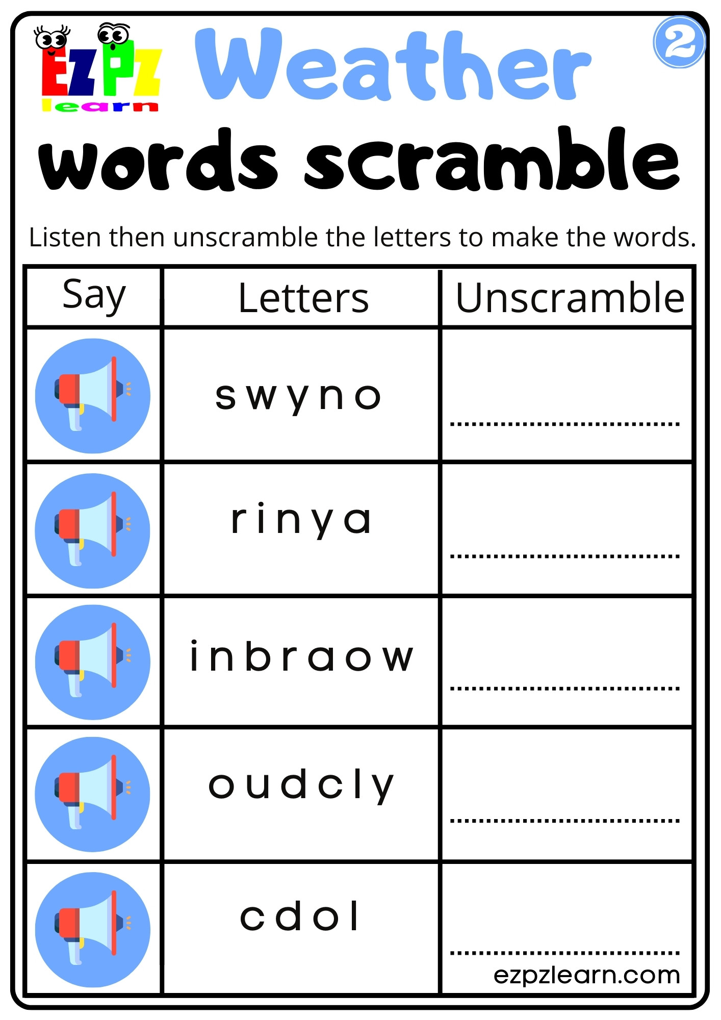 Weather Vocabulary Interactive Worksheet Listen, Unscramble and Write ...