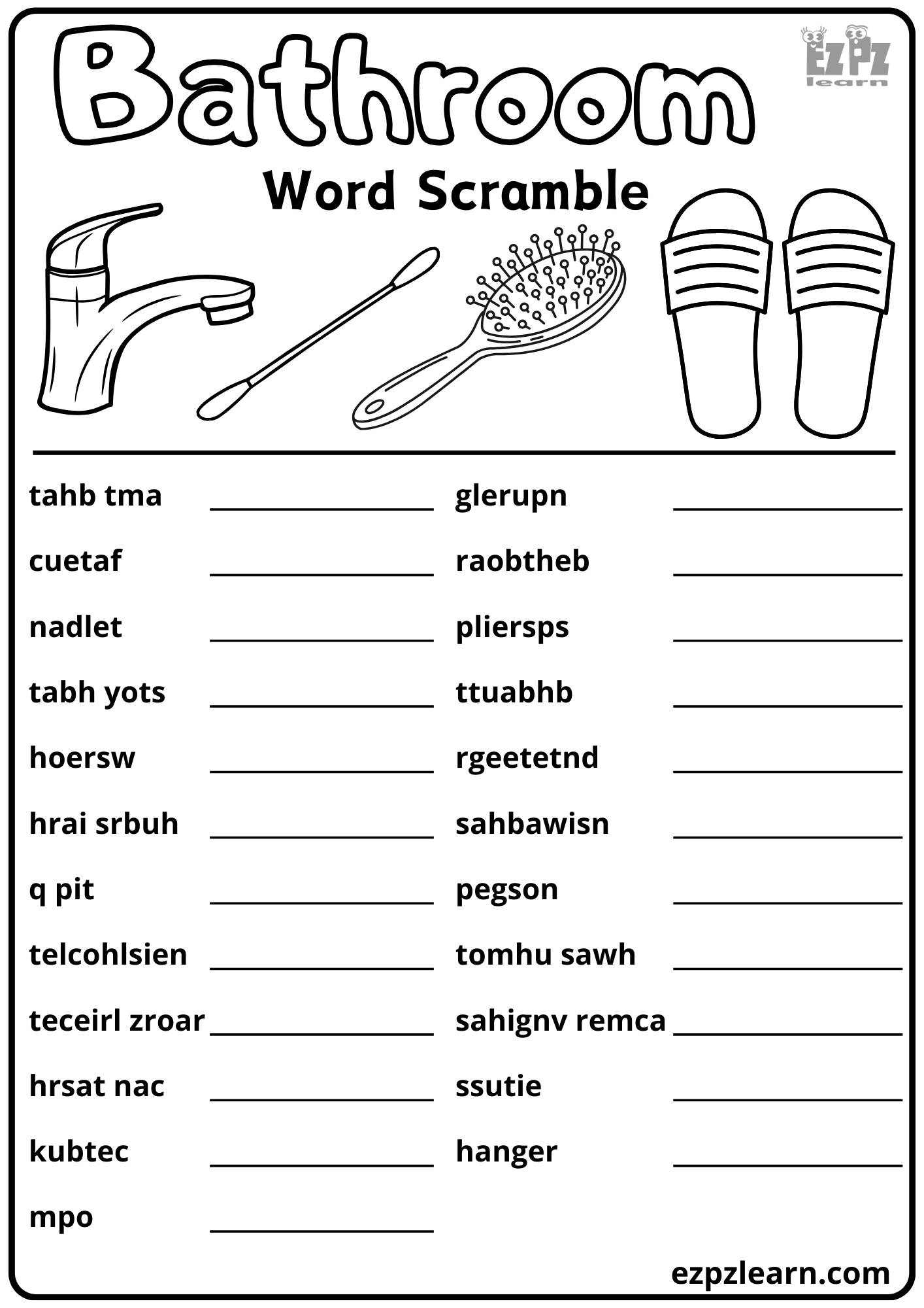Bathroom Word Scramble 23 Vocabulary Words Free Downloadable PDF ...