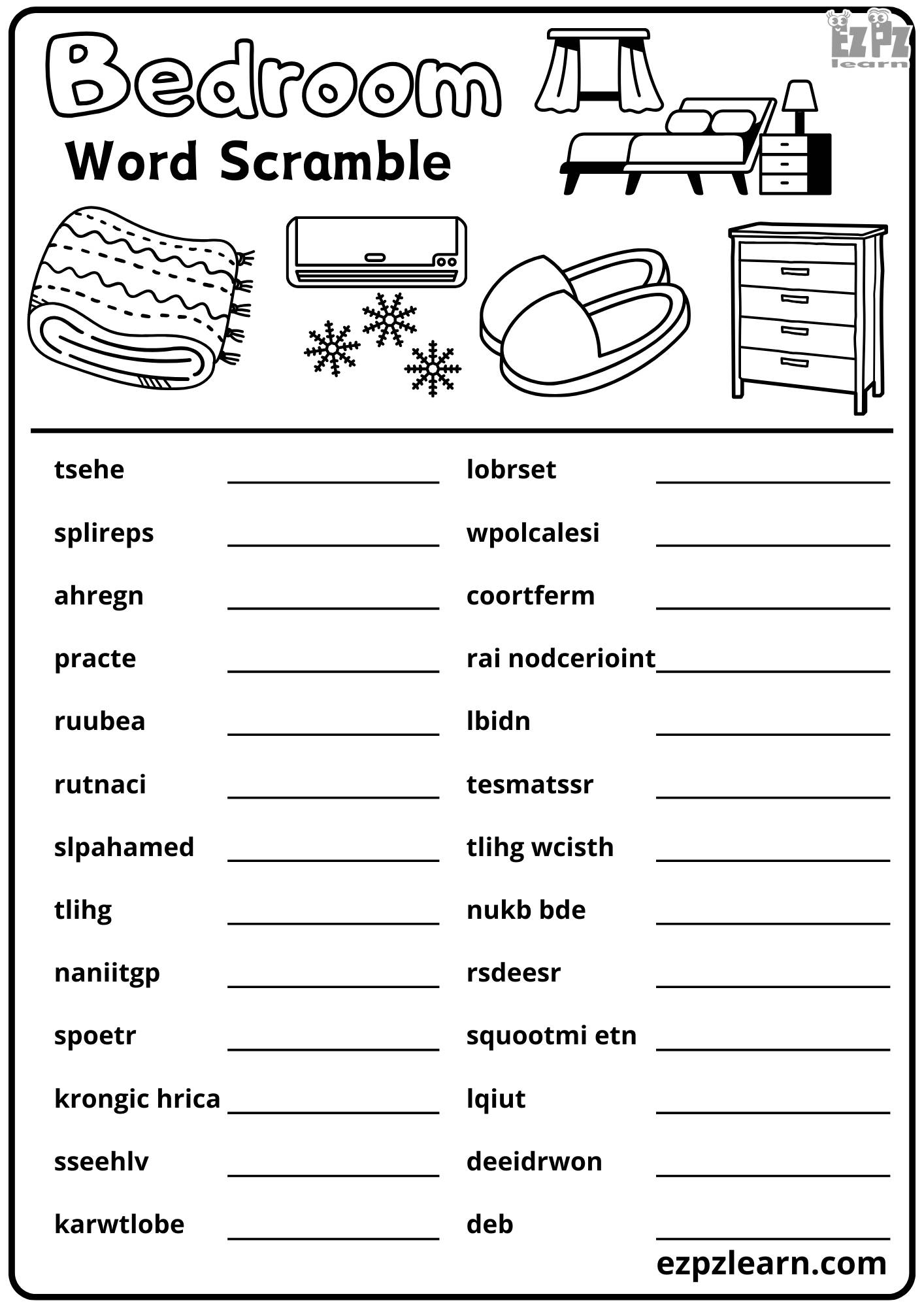 Bedroom Word Scramble 25 Vocabulary Words Free Printable PDF File ...