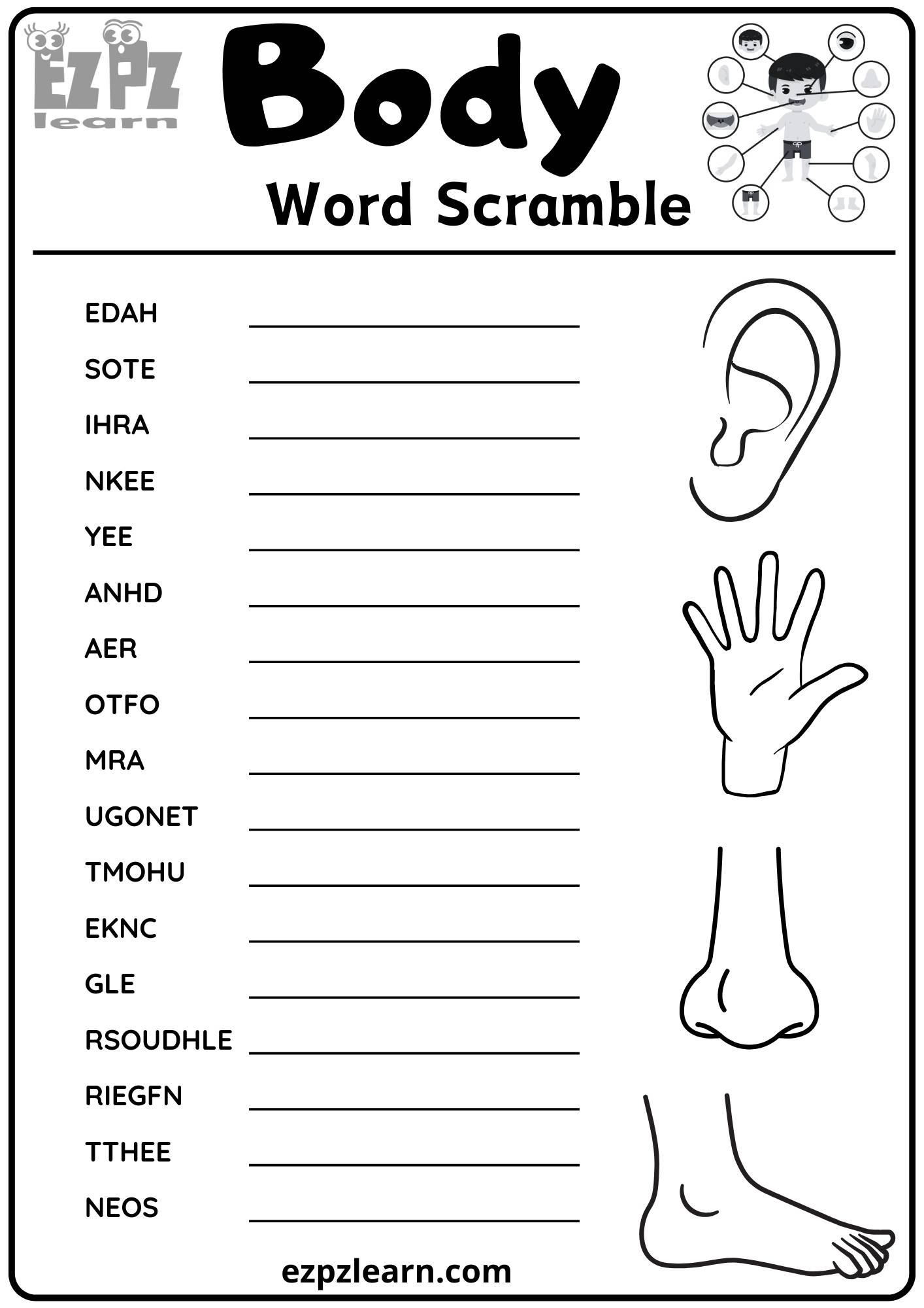 Body Parts Word Scramble 18 Vocabulary Words Free Printable PDF File ...
