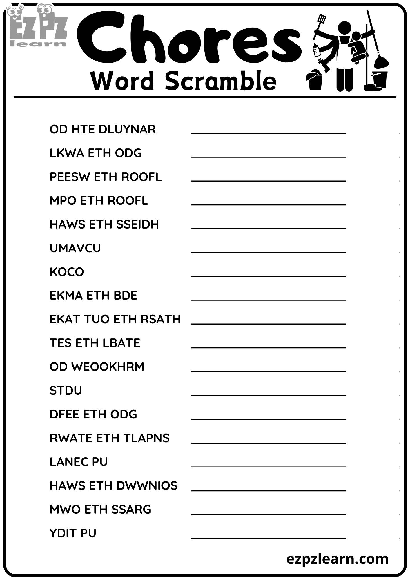 Chores Word Scramble 18 Vocabulary Words Free Printable PDF File ...