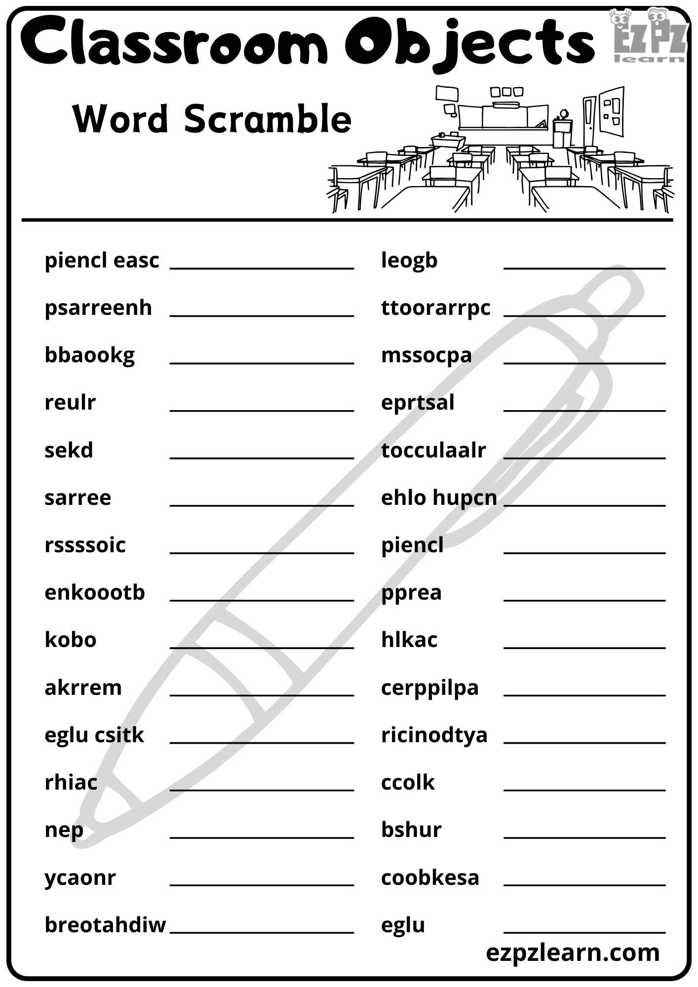 Classroom Objects 30 Vocabulary Words Free Printable PDF File ...