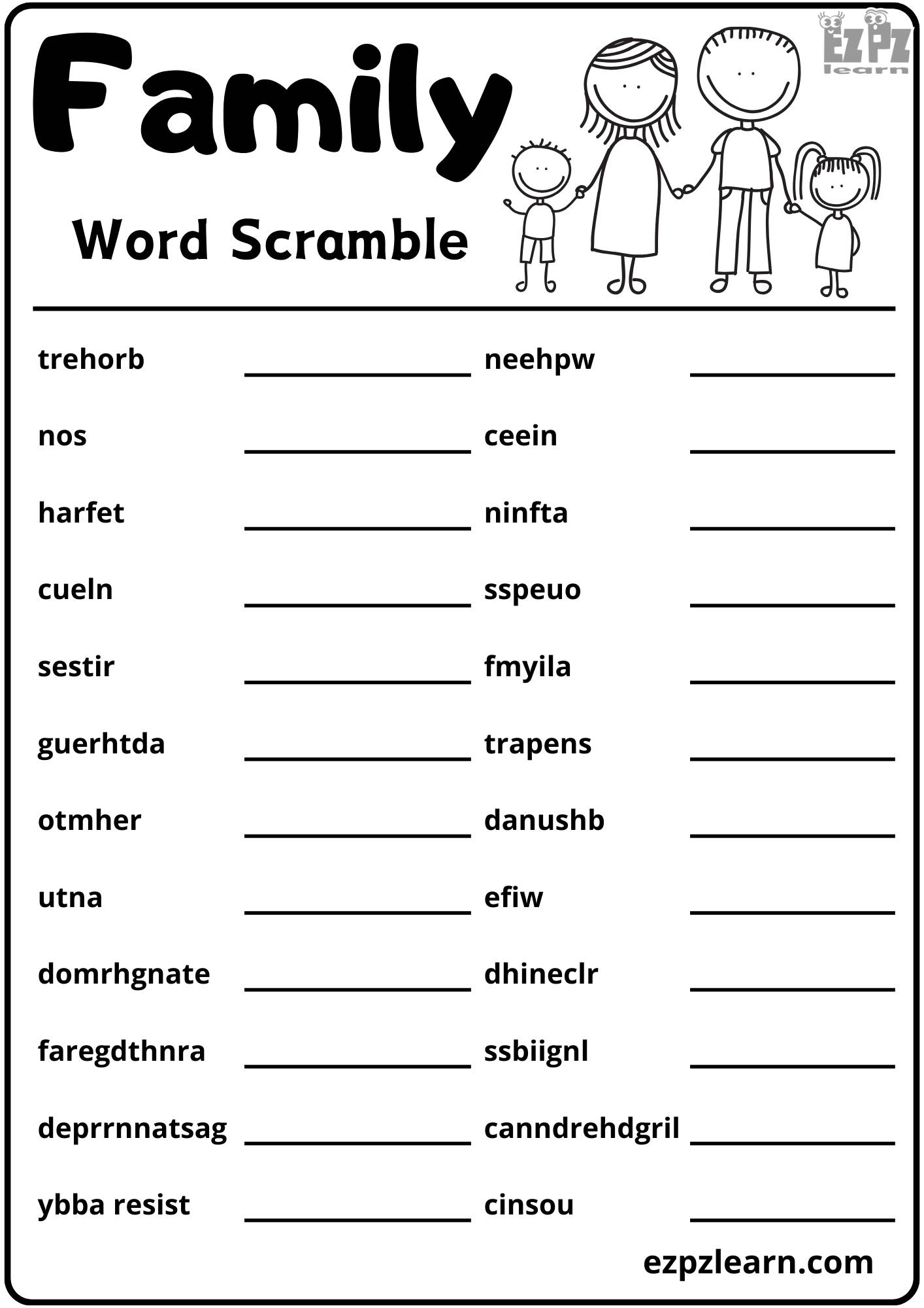 Family Vocabulary Word Scramble 24 Words Free Download PDF File ...