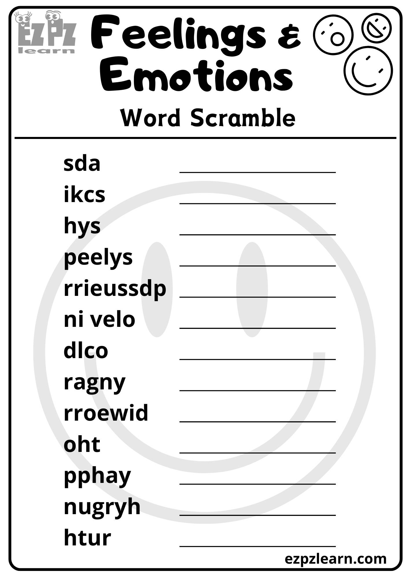 Feelings and Emotions Word Scramble Activity for Kids 13 Words Free ...