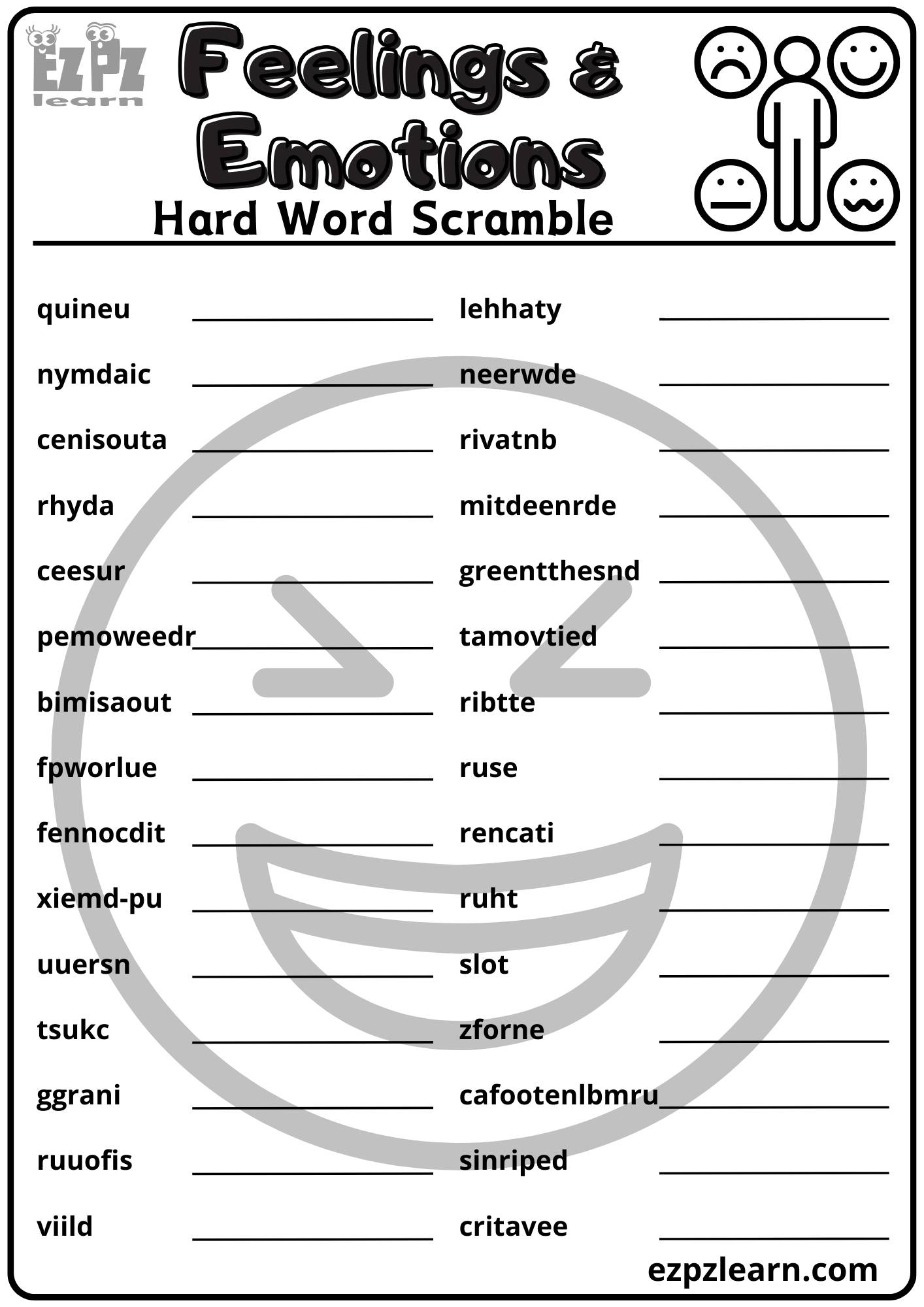 Feelings and Emotions Vocabulary Word Scramble 30 Words Free ...