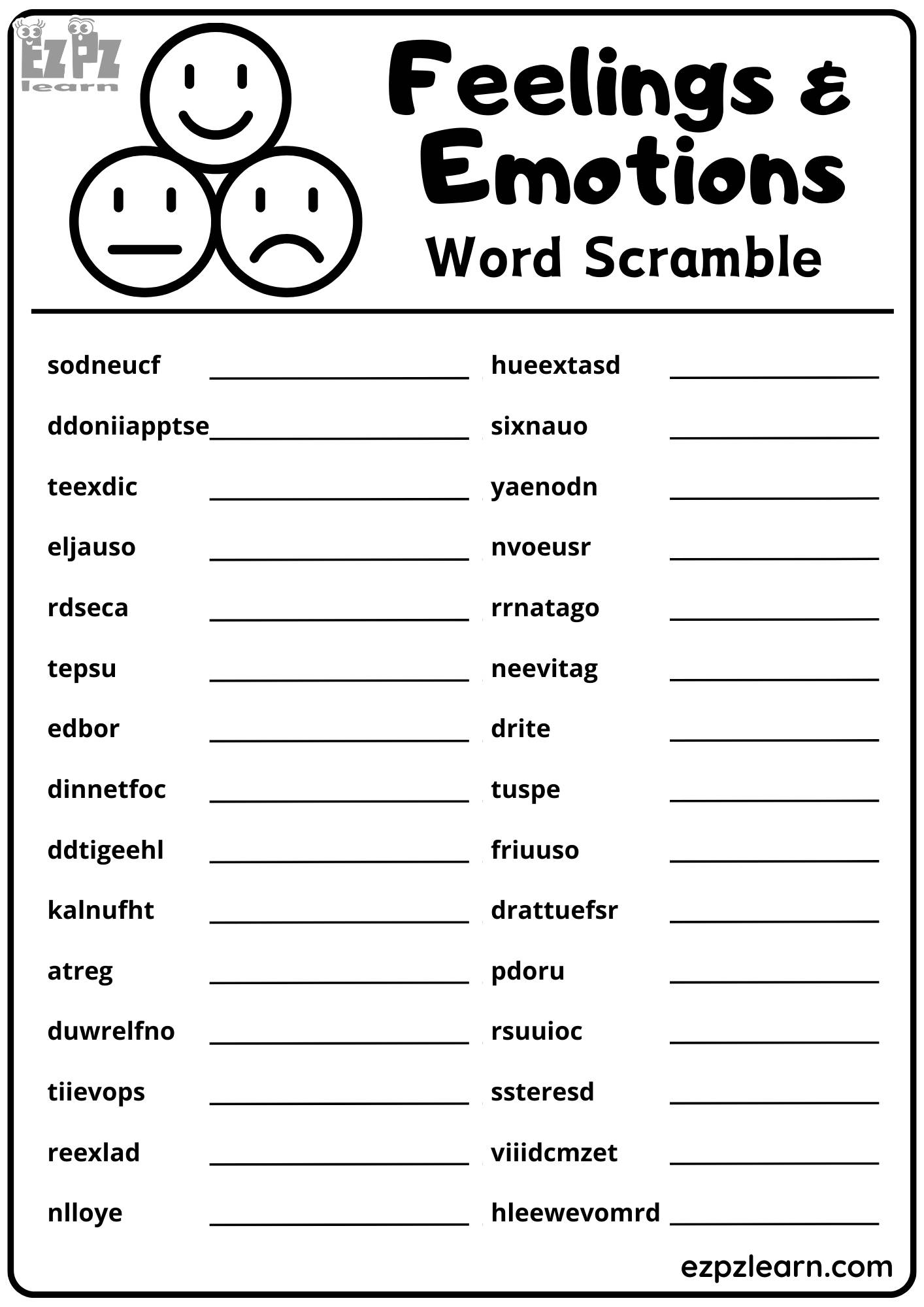 Feelings and Emotions Vocabulary Word Scramble Activity 30 Words Free ...