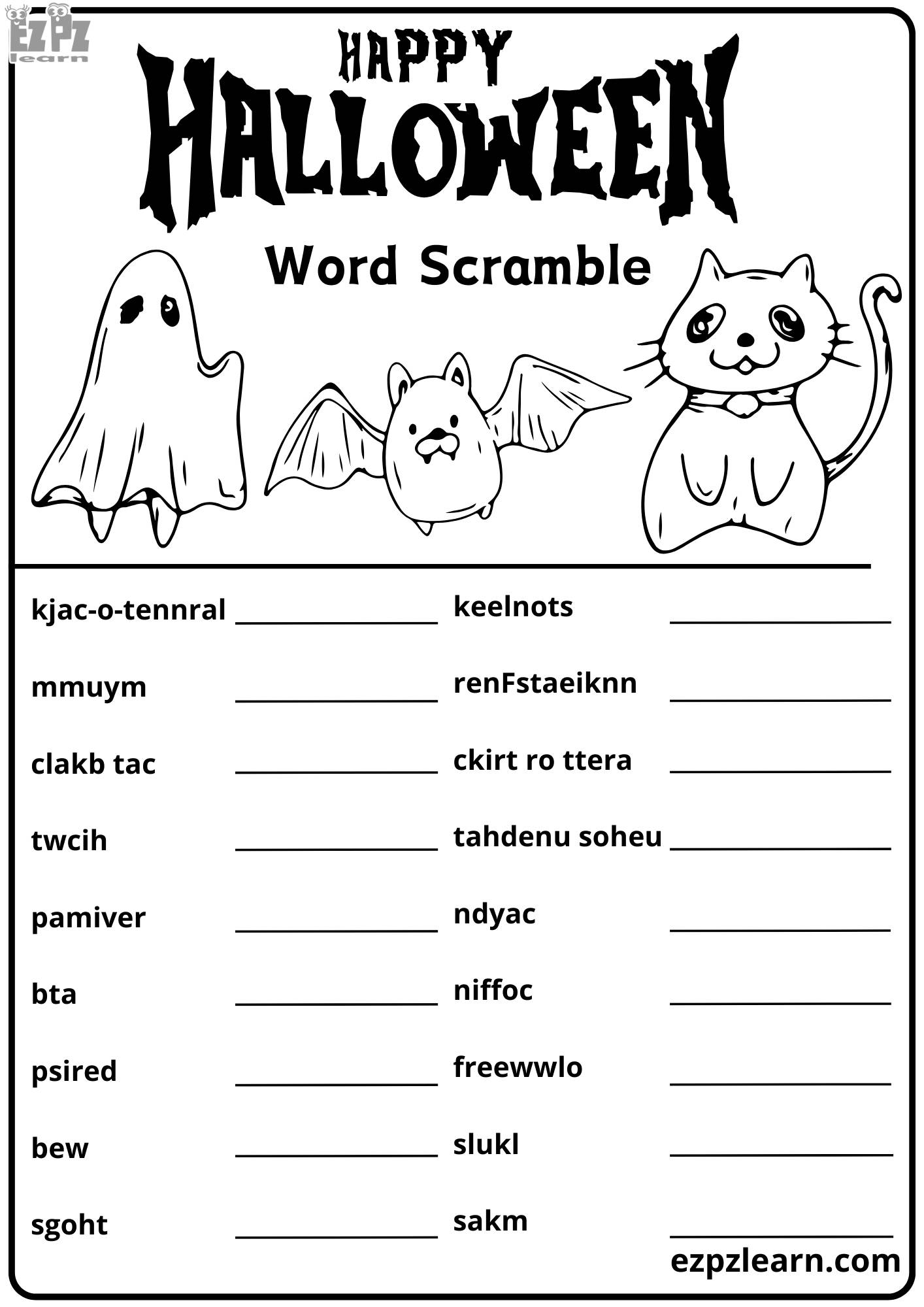 Halloween Holiday Word Scramble Activity for Kids 18 Words Free ...