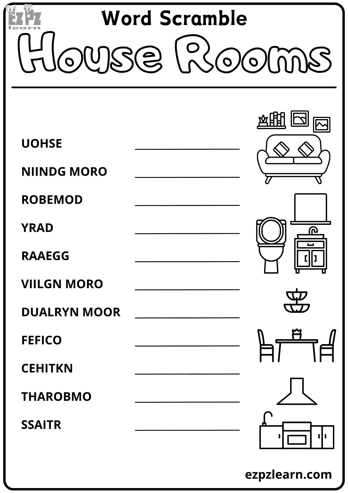 House Rooms Word Scramble Activity for Kids 11 Words Free Printable PDF ...