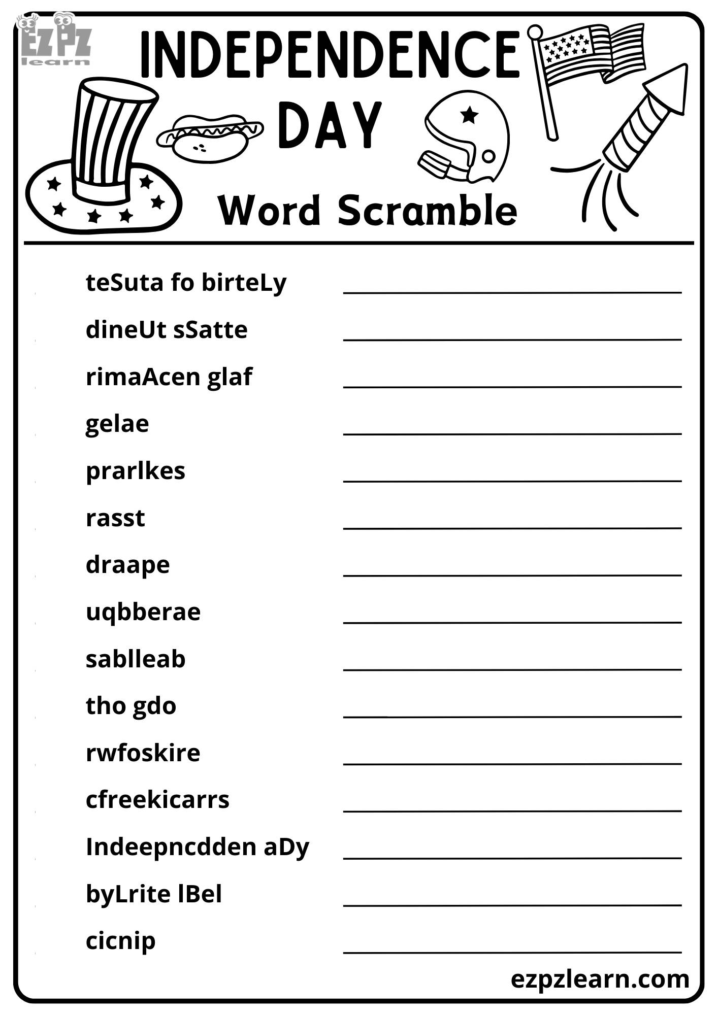 Independence Day Fourth of July Holiday Word Scramble 15 Words Activity ...