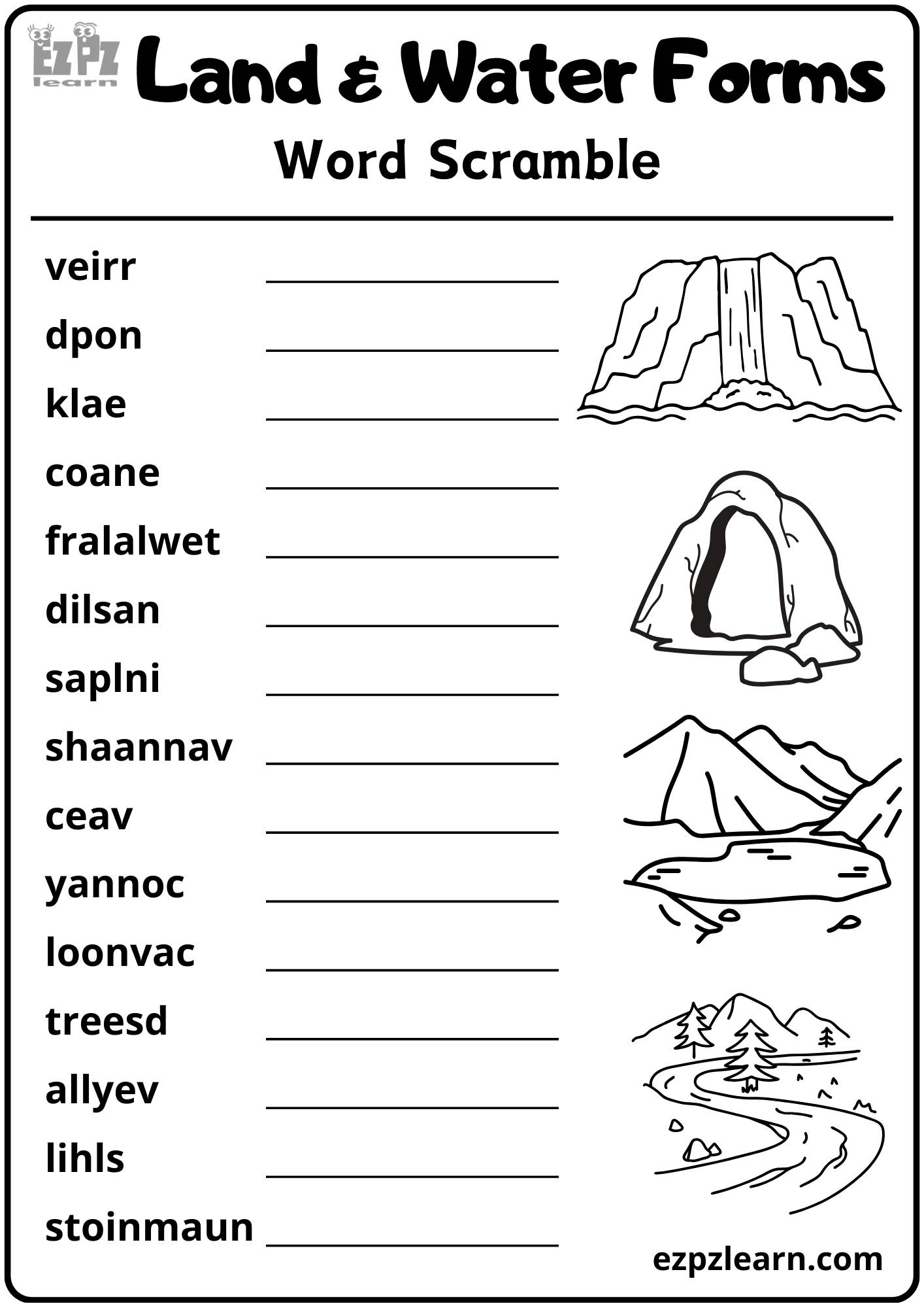 Land and Water Forms Word Scramble 15 Words Vocabulary Activity Free ...
