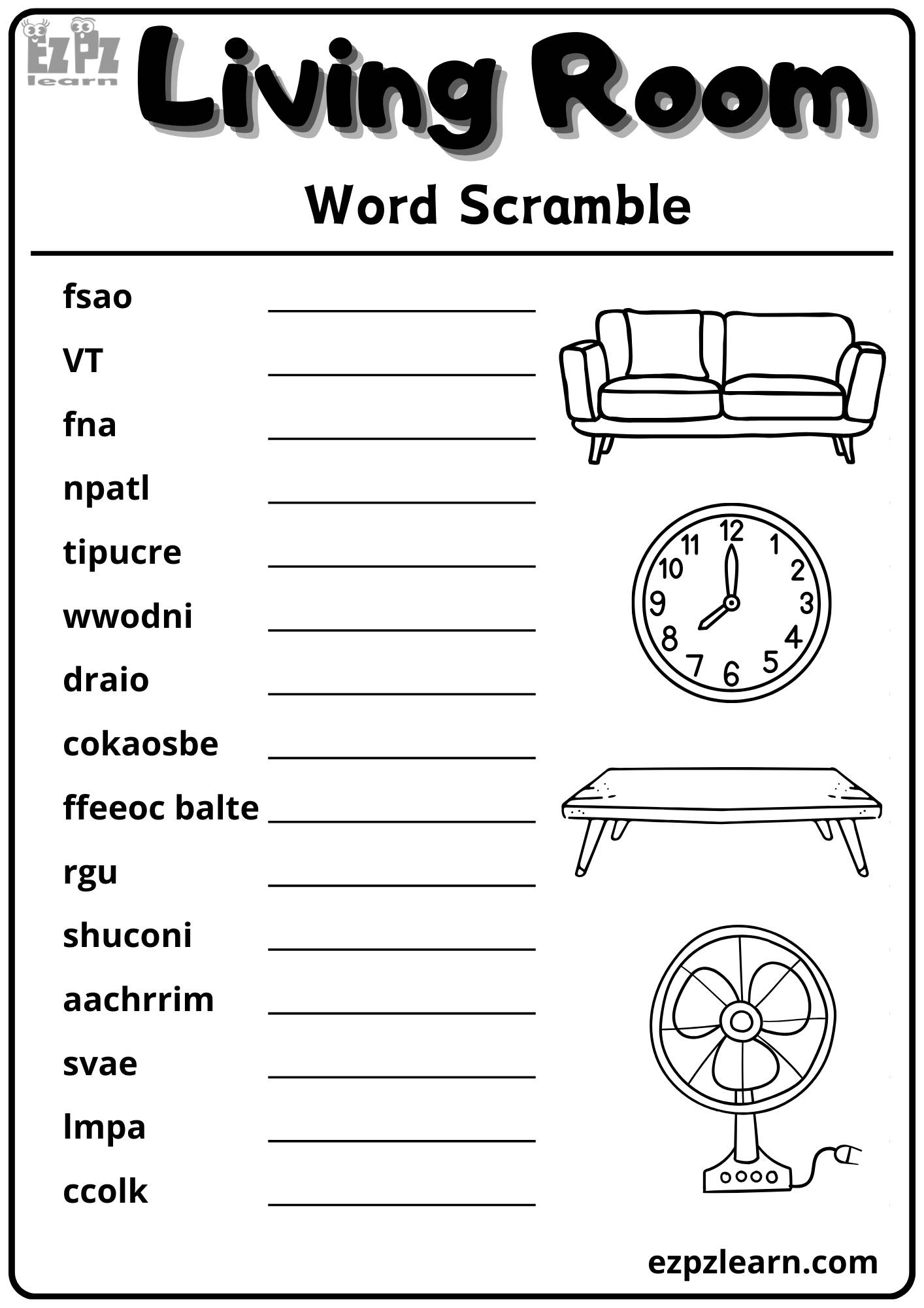 Living Room Word Scramble 15 Words Vocabulary Activity Free Printable ...