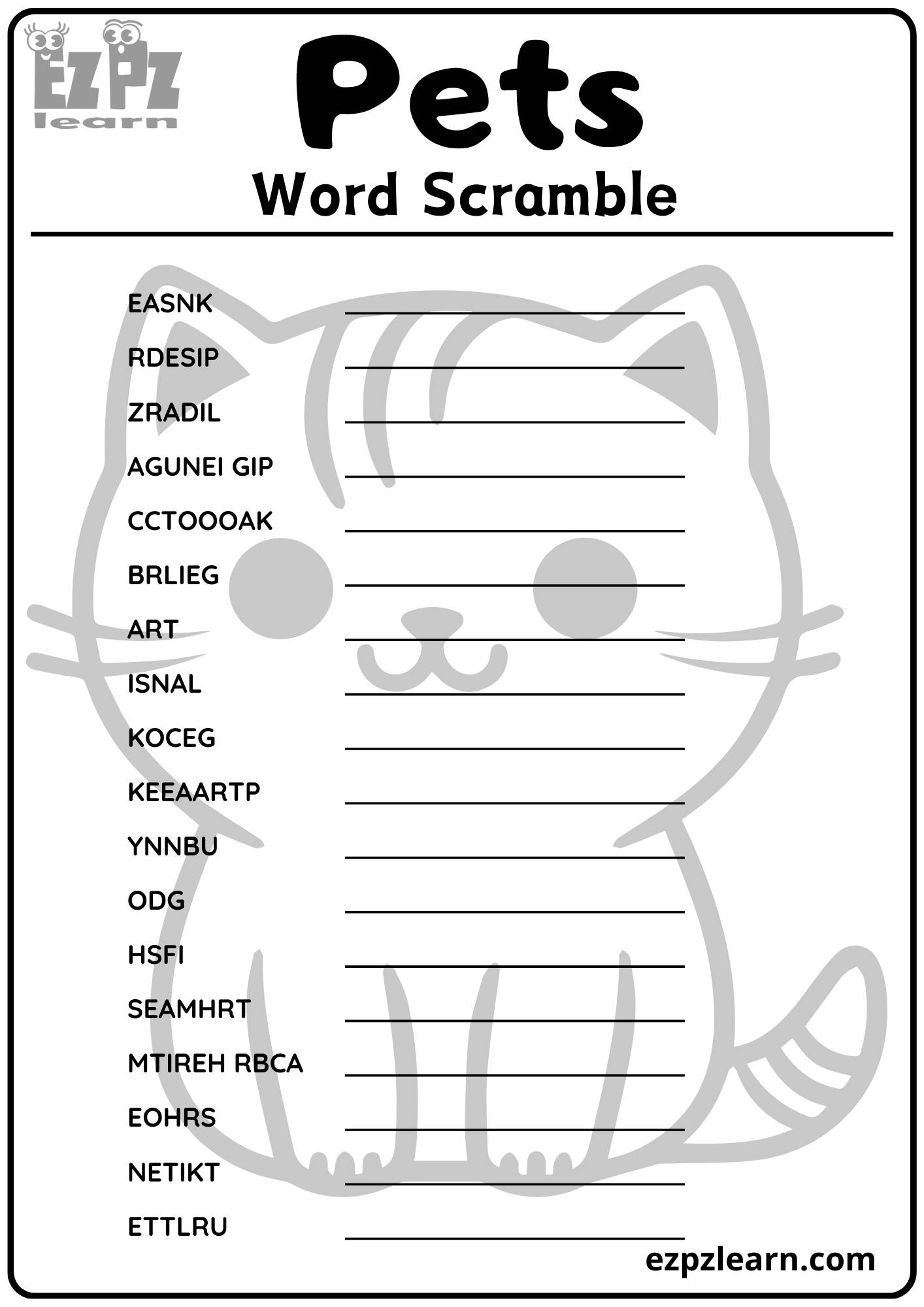 Pets Word Scramble 18 Words Vocabulary Activity for Kids Free Printable ...