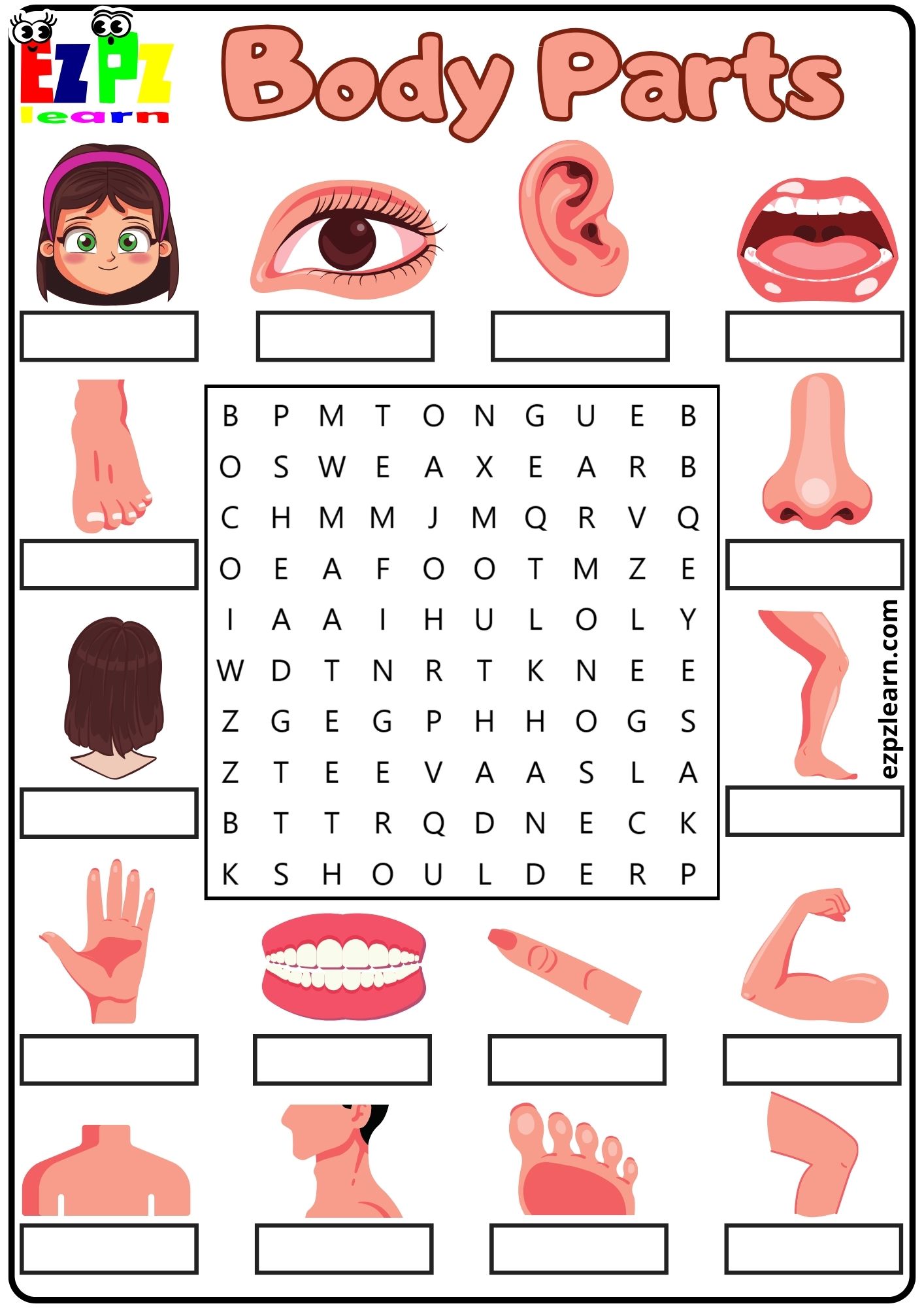 Body Parts Vocabulary Word Search and Write the Words Activity for Kids ...