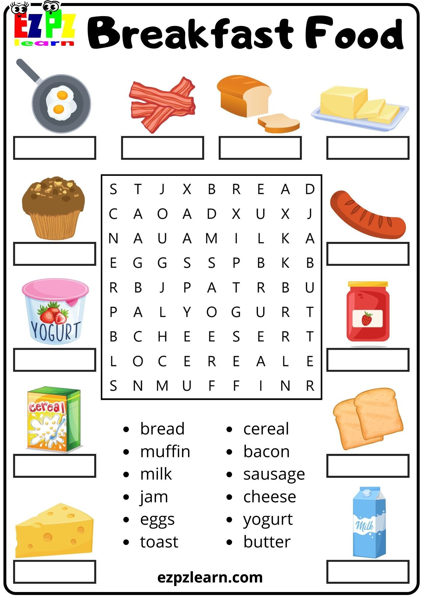 Breakfast Food Vocabulary Word Search and Match the Words Activity for ...
