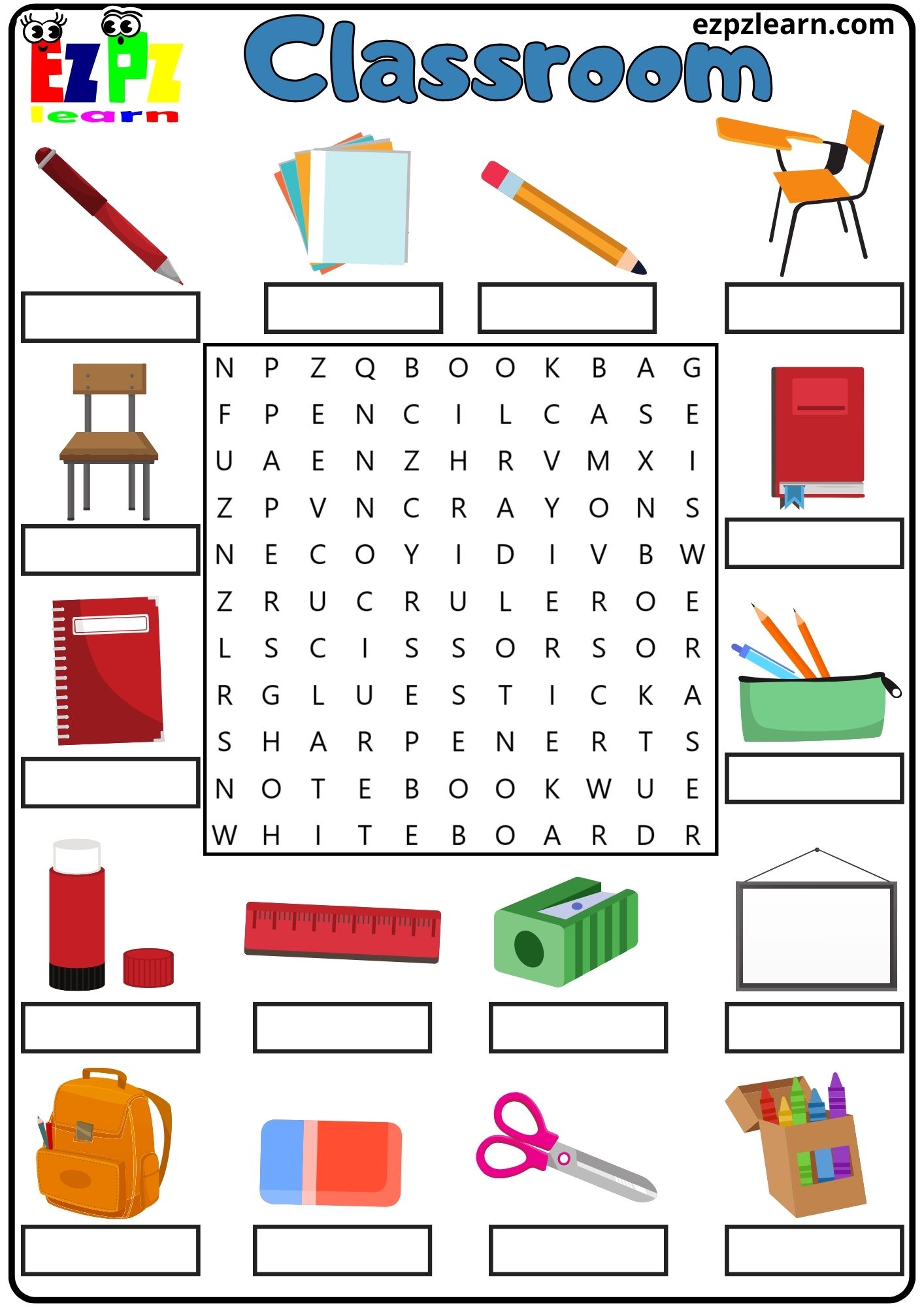Classroom Objects Vocabulary Word Search and Write the Words Activity ...