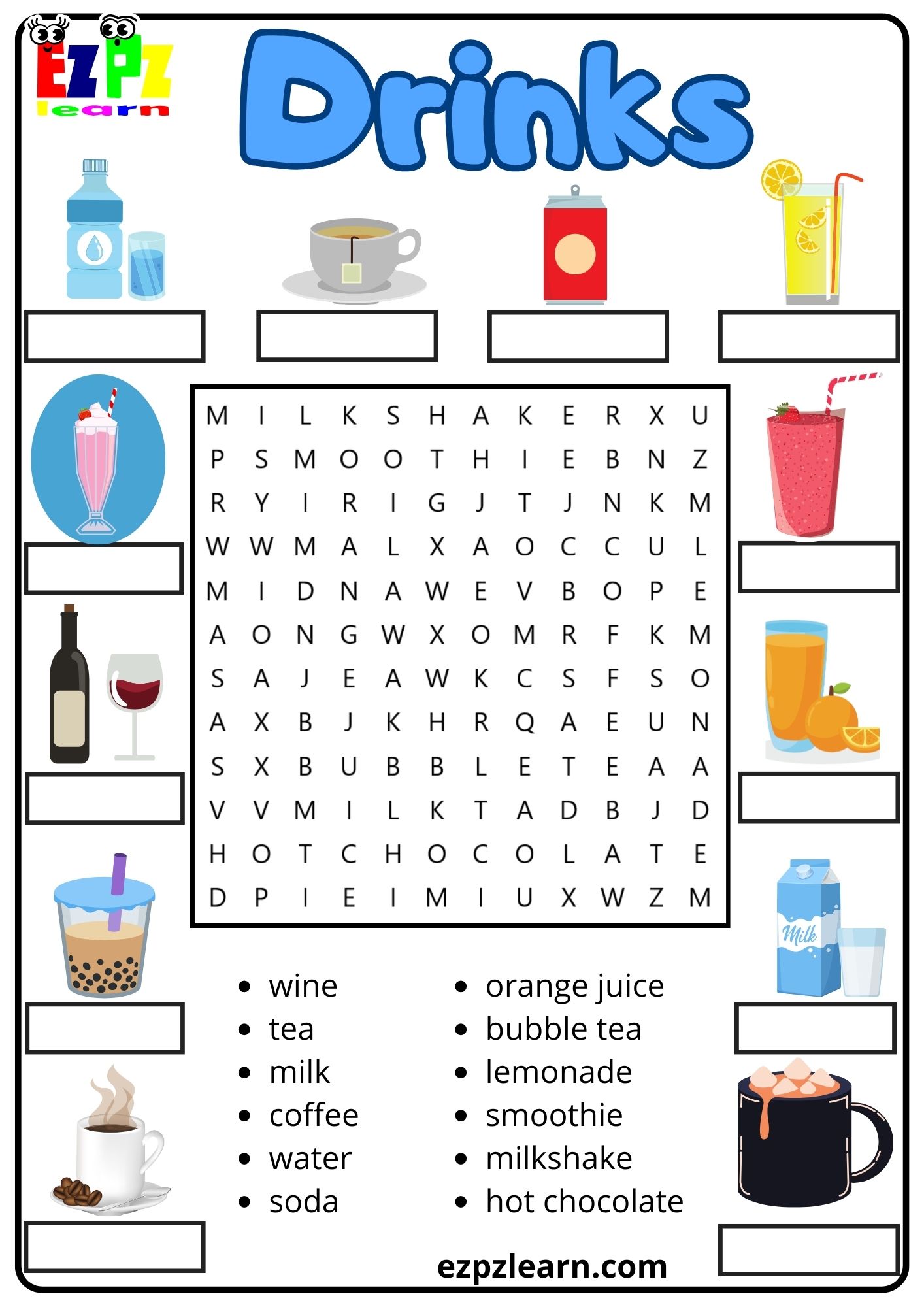 Drinks Vocabulary Word Search and Match the Words Activity for Kids PDF ...