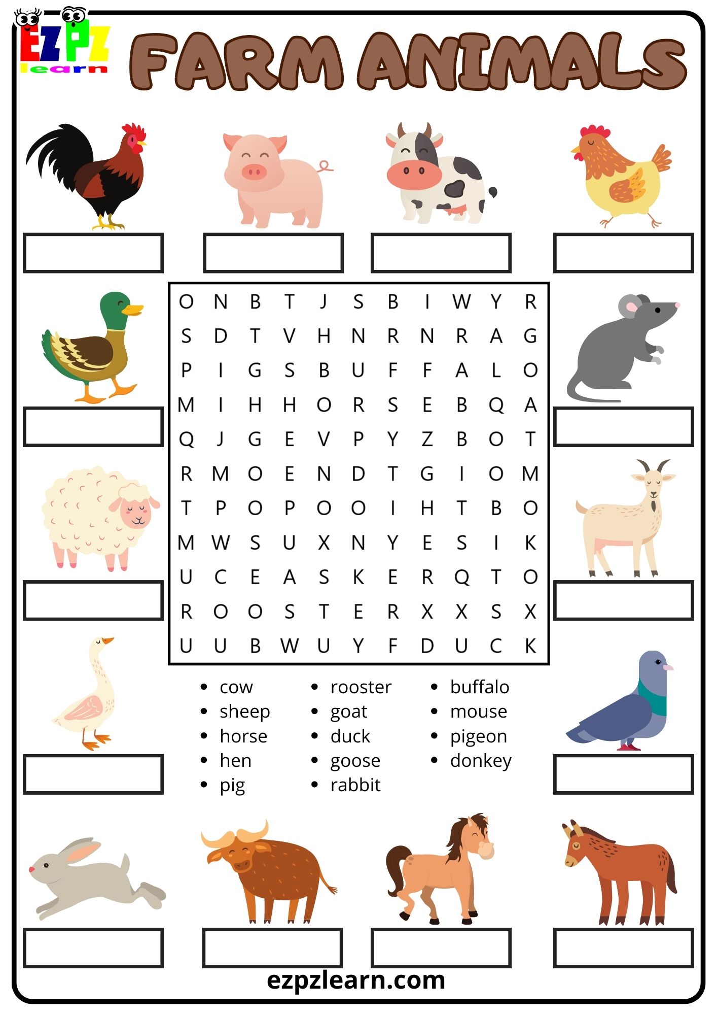 Farm Animals Vocabulary Word Search and Match the Words Activity for ...