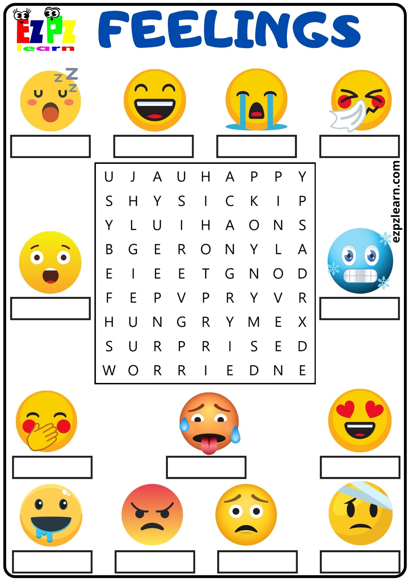 Feelings and Emotions Vocabulary Word Search and Write the Words ...