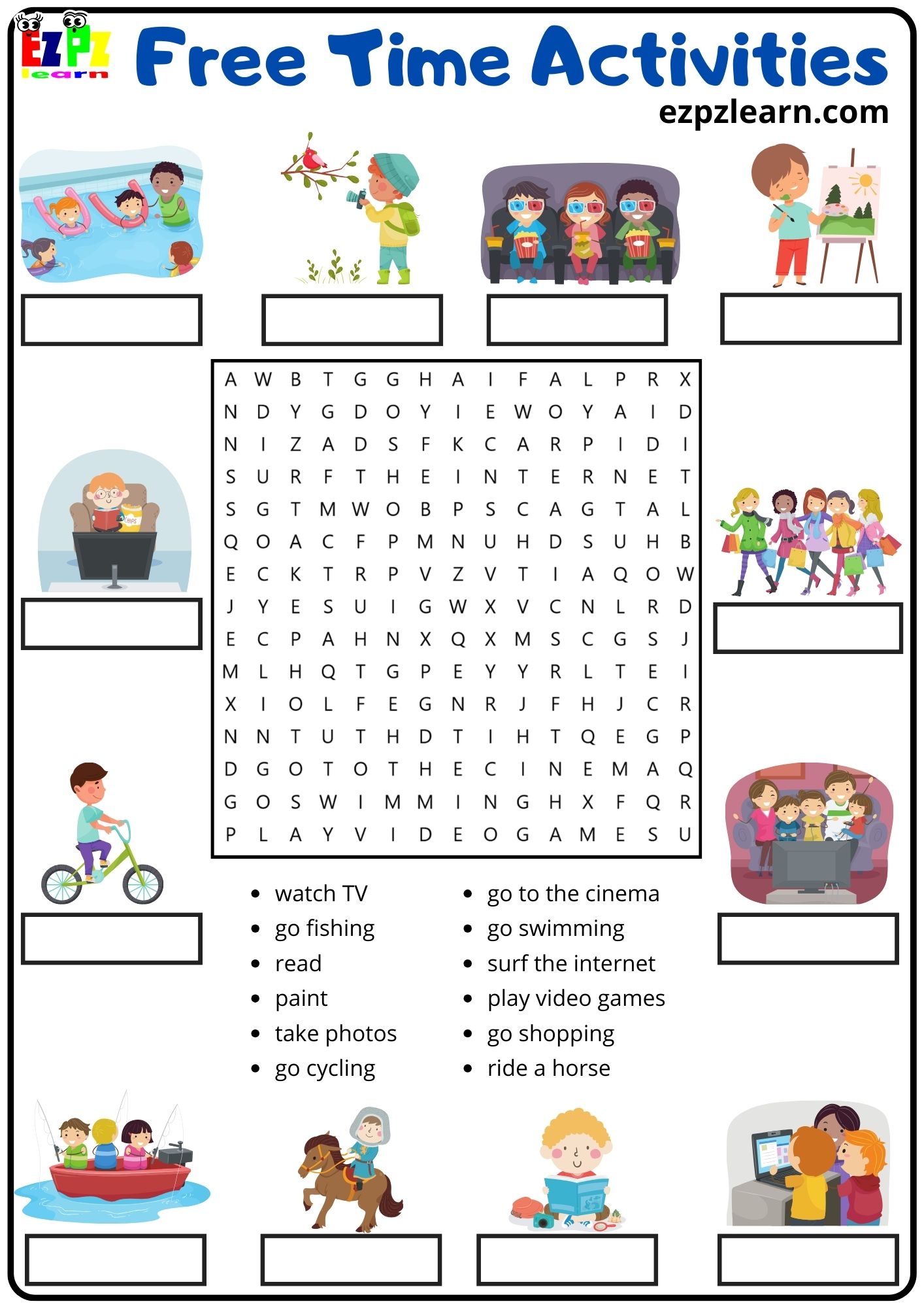 Free Time Activities Word Search and Match the Words Activity for Kids ...