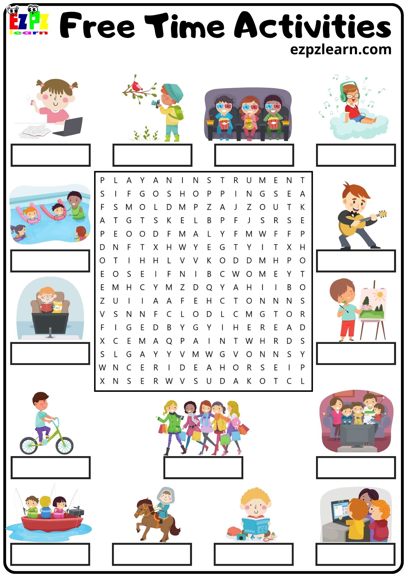 Free Time Activities Word Search and Write the Words Activity for Kids ...