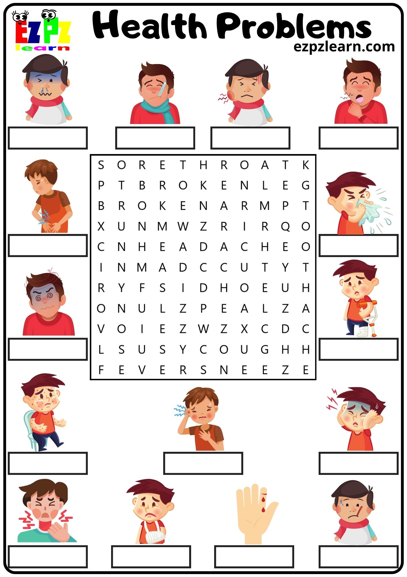 Health Problems Word Search and Write the Words Activity for Kids and ...