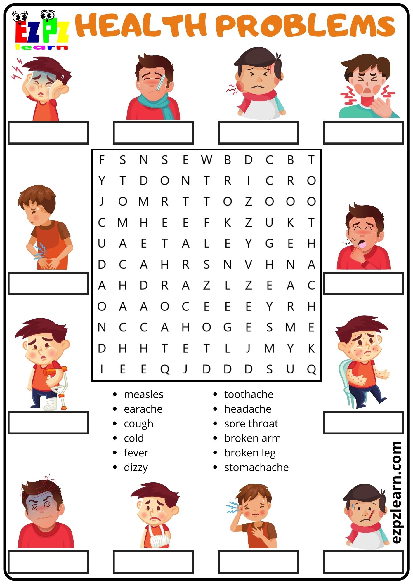 Health Problems Word Search and Match the Words Activity for Kids and ...