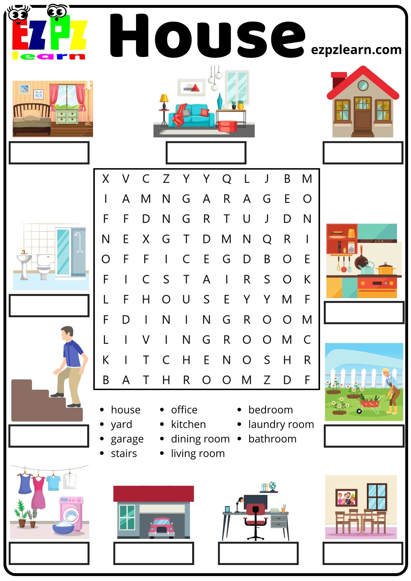 Rooms in a House Vocabulary Word Search and Match the Words Activity ...