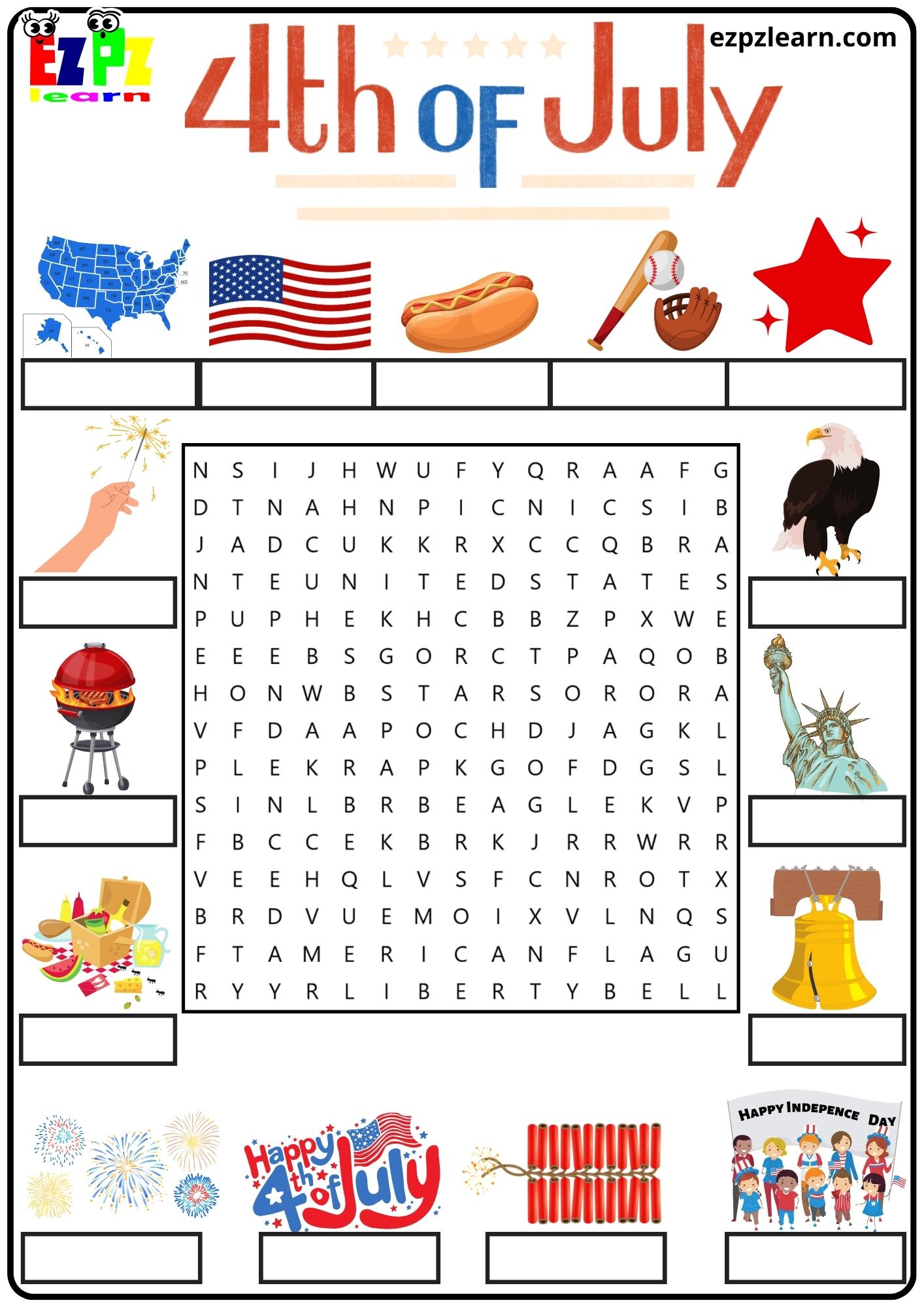 Independence Day 4th of July Word search and Write the Words ...