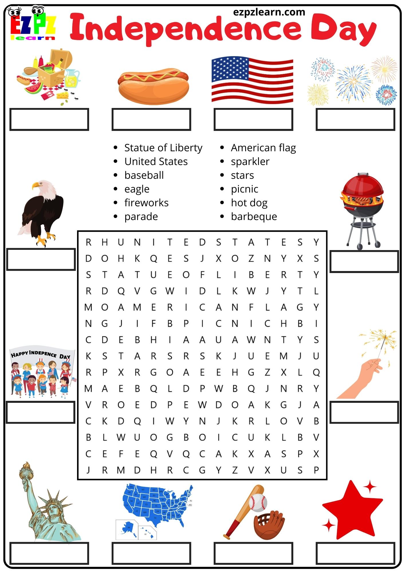 Independence Day 4th of July Word Search and Match the Words for Kids ...
