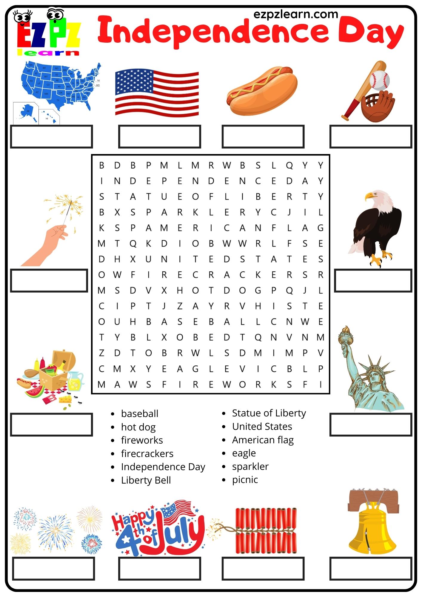 Independence Day 4th of July Word Search and Match the Words for Kids ...