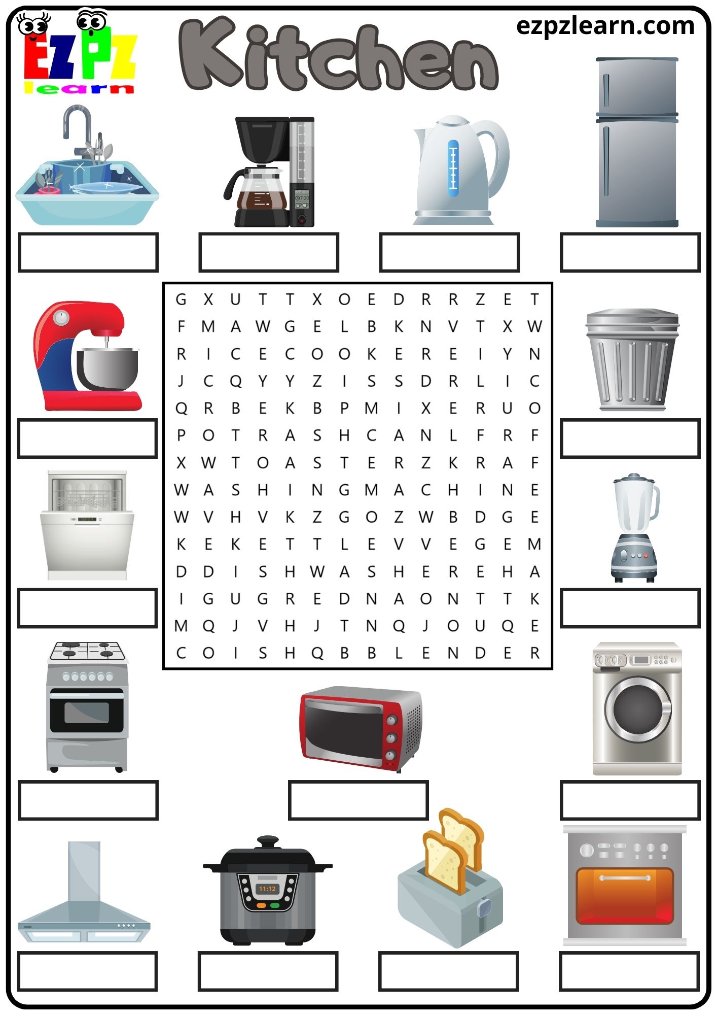 Kitchen Appliances Vocabulary Word Search and Write the Words Activity ...