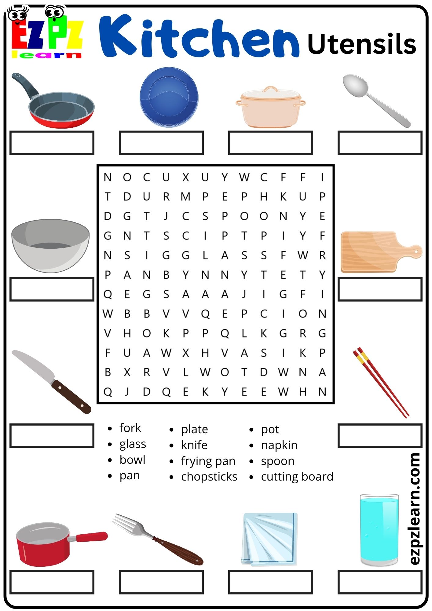Kitchen Utensils Vocabulary Word Search and Match the Words Activity ...