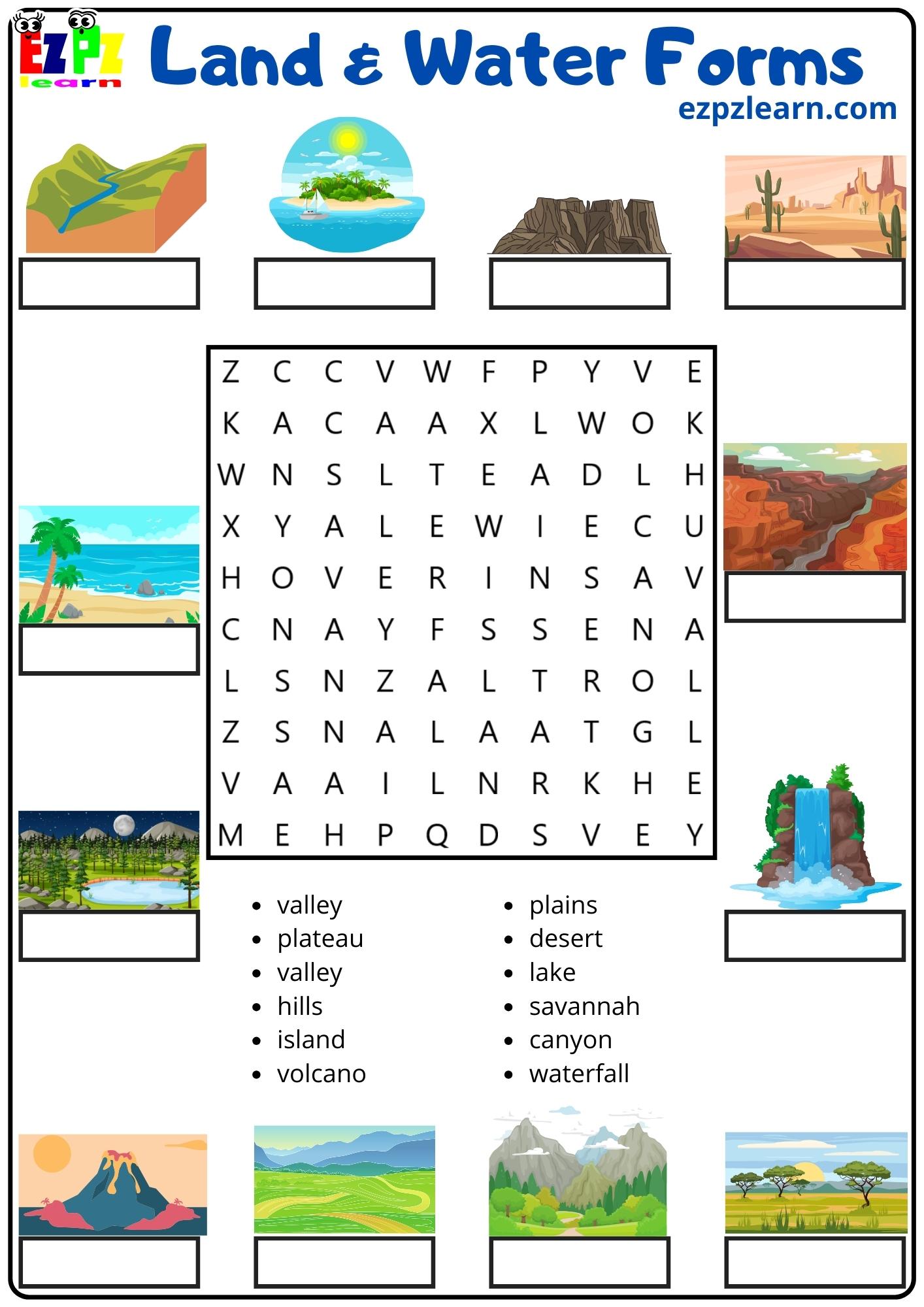 Land and Water Forms Word Search and Match the Words for Kids and ...