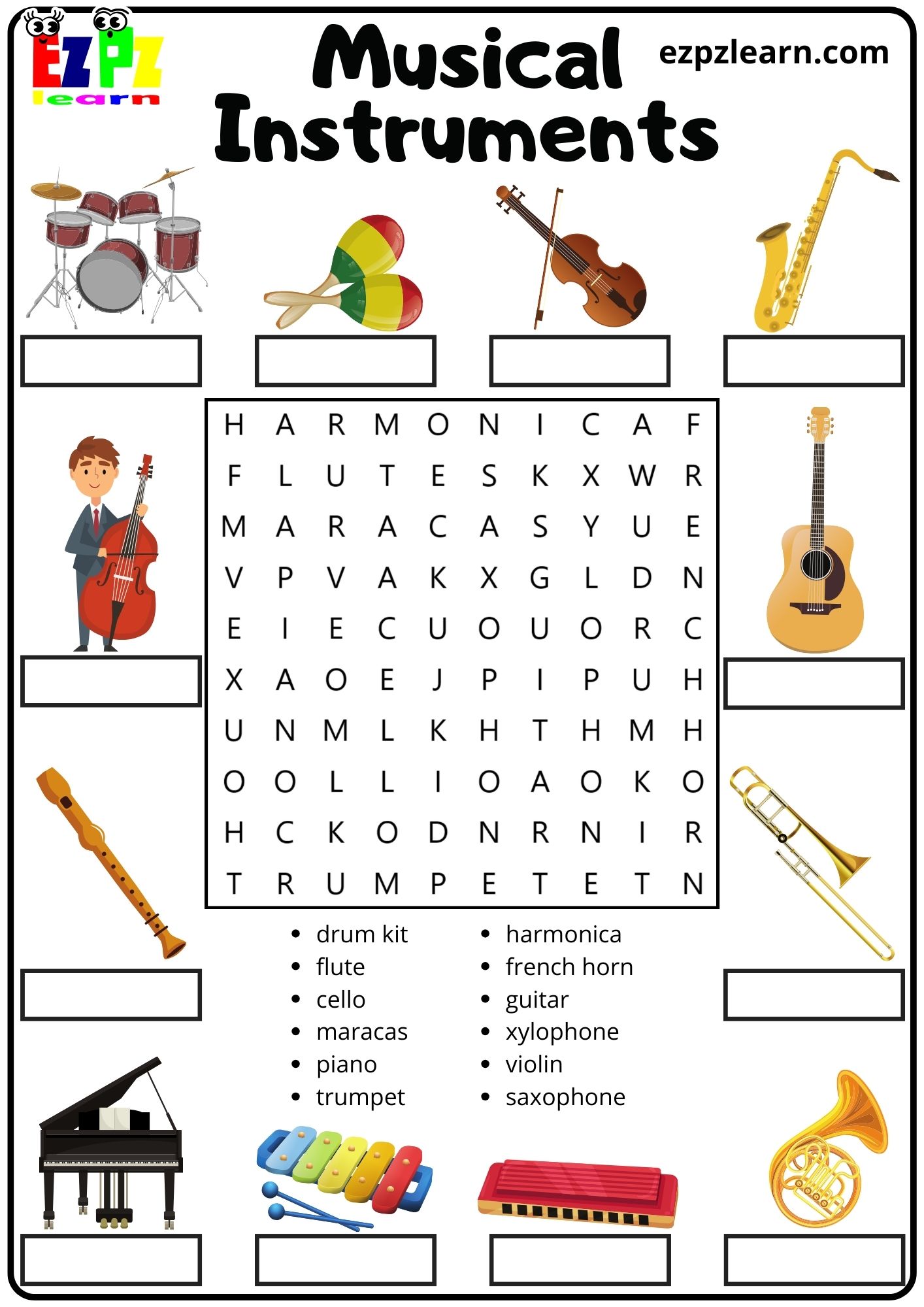 Musical Instruments Vocabulary Word Search and Match the Words Activity ...